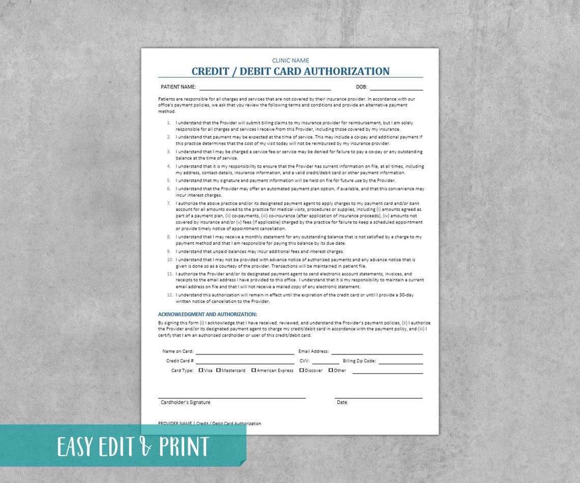 Patient Payment Authorization Form | Financial Policy Agreement ...