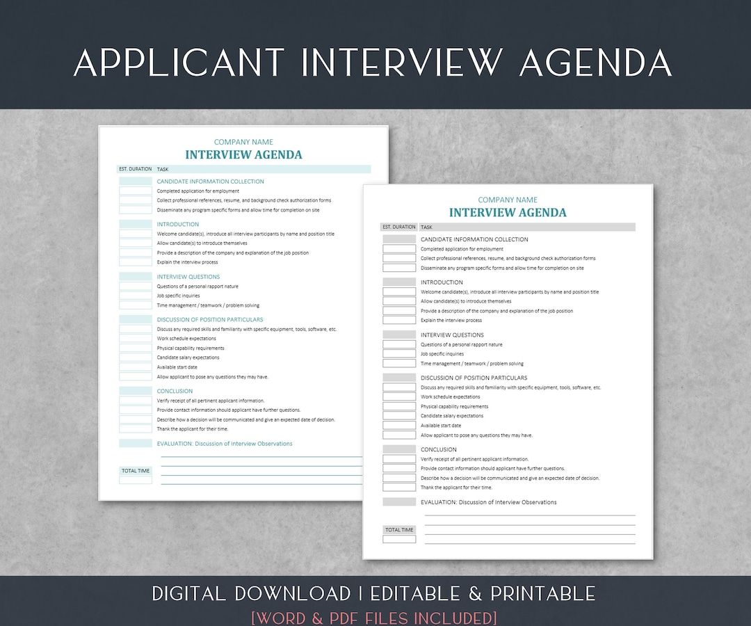Employment Interview Agenda Template Applicant Interview Planner ...