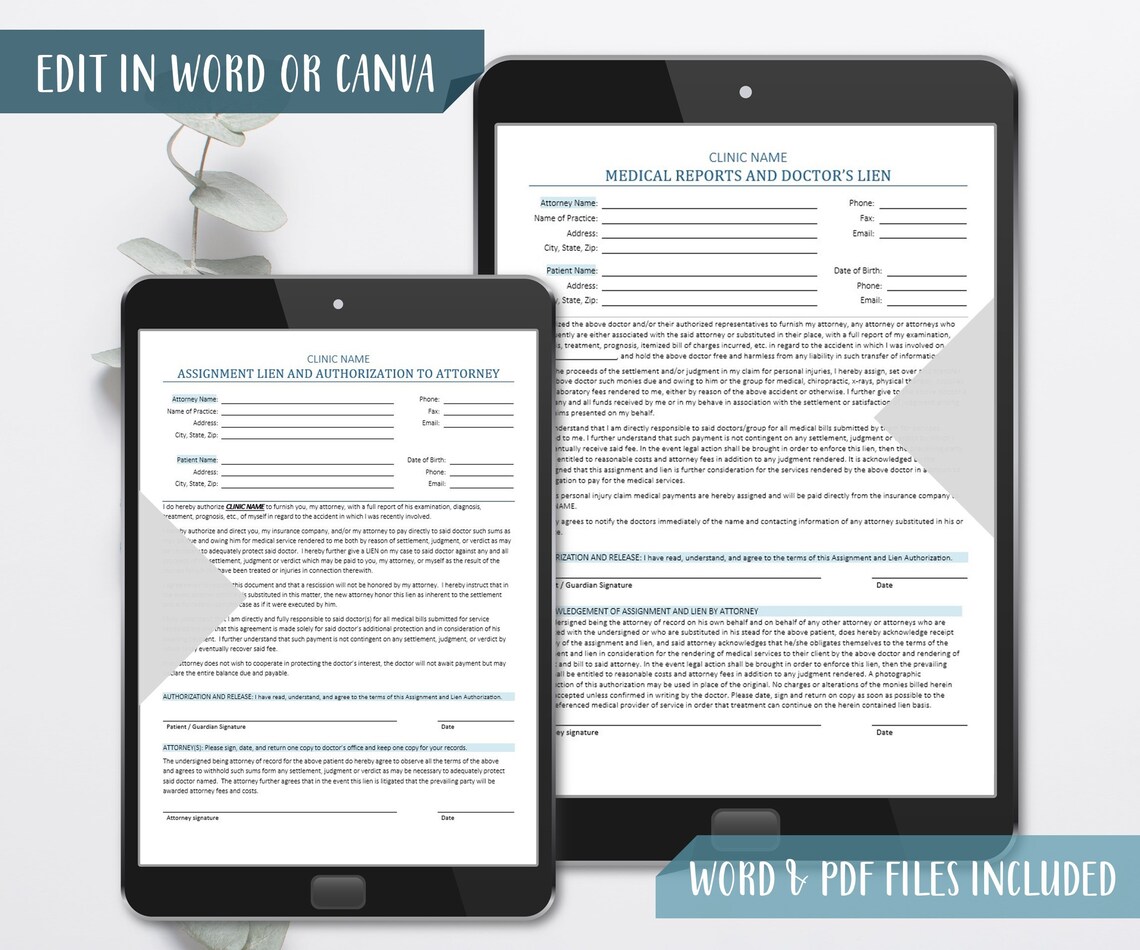 Medical Assignment, Lien, Authorization Forms | English & Spanish ...
