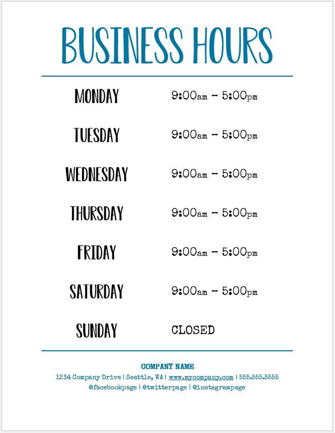 Business Hours Sign Editable Printable Template Store Hours Hours of ...