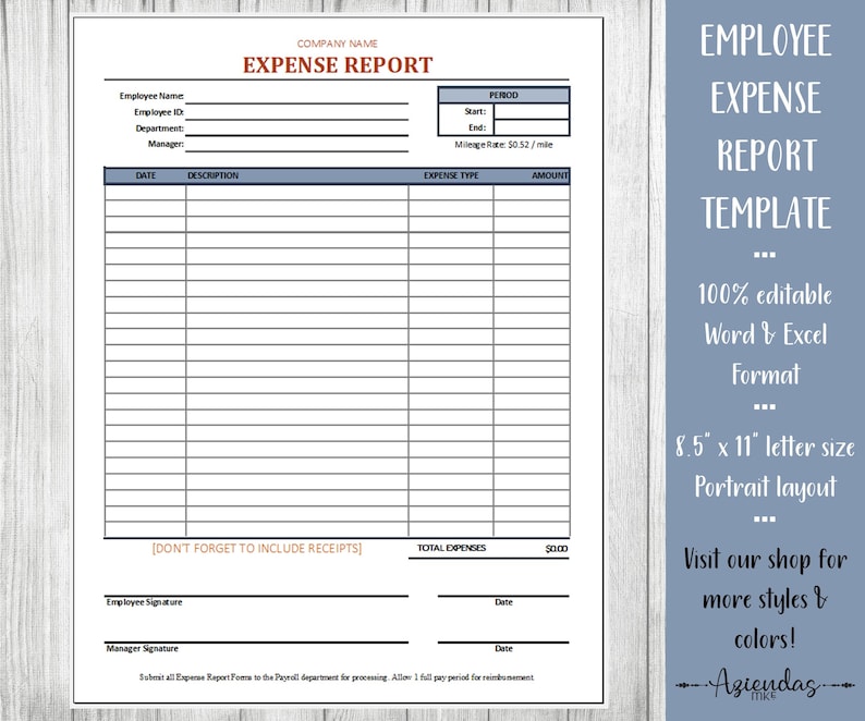 Employee Expense Report Template: Editable Word & Excel (8.5x11 Letter ...