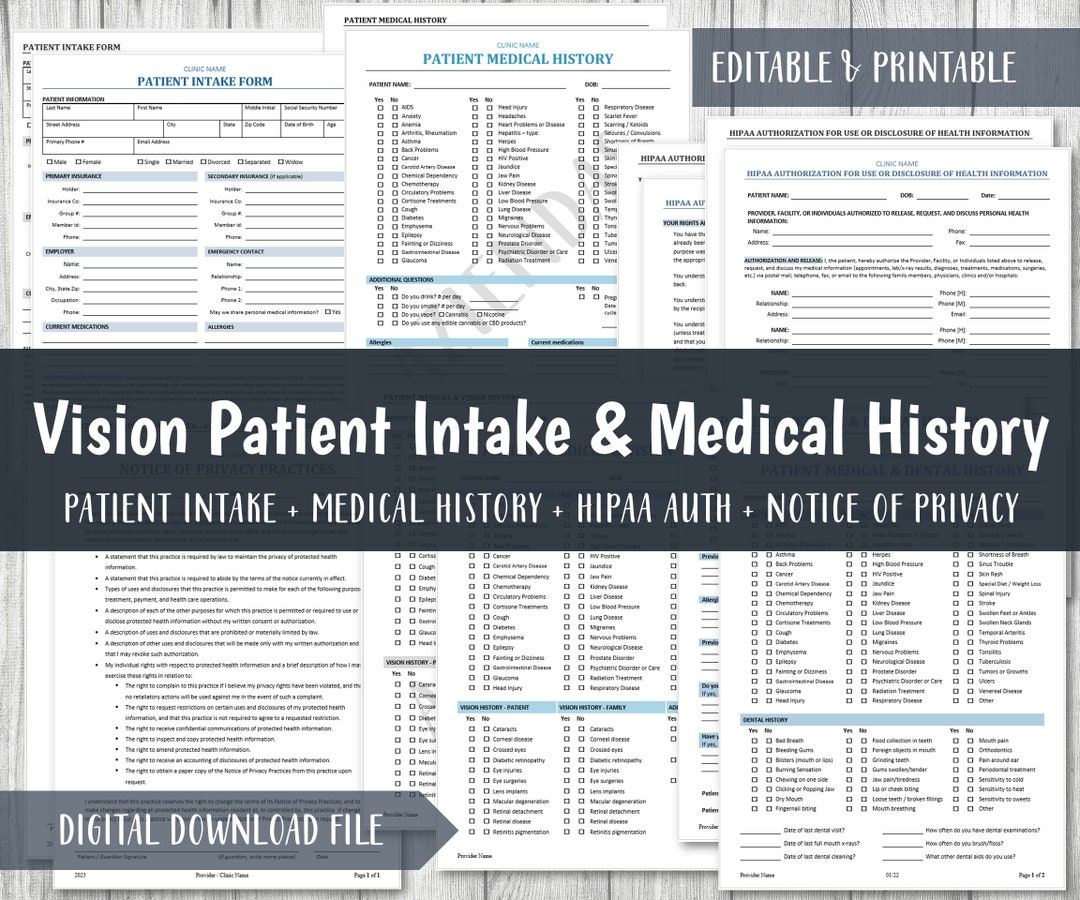 Vision Medical Intake & Patient Information Template Bundle | Health ...
