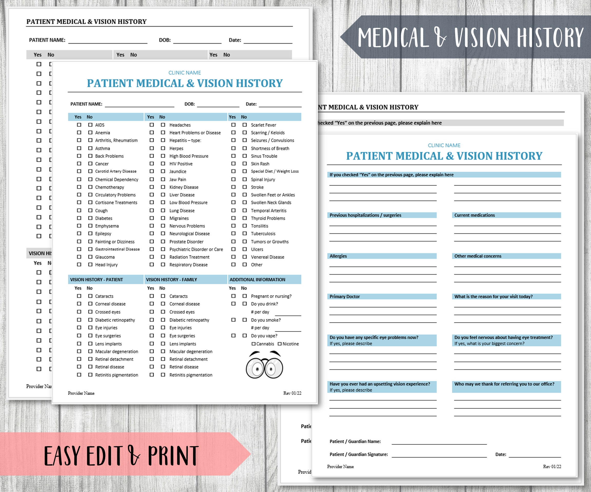 Vision Medical Intake & Patient Information Template Bundle Health ...