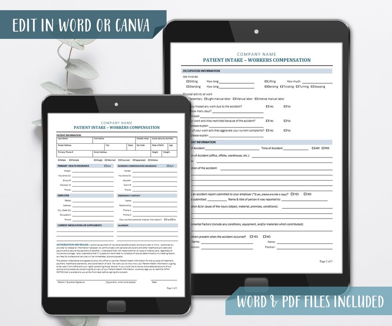 Workers Comp Patient Intake Forms: Medical Claim (digital Download) - Etsy