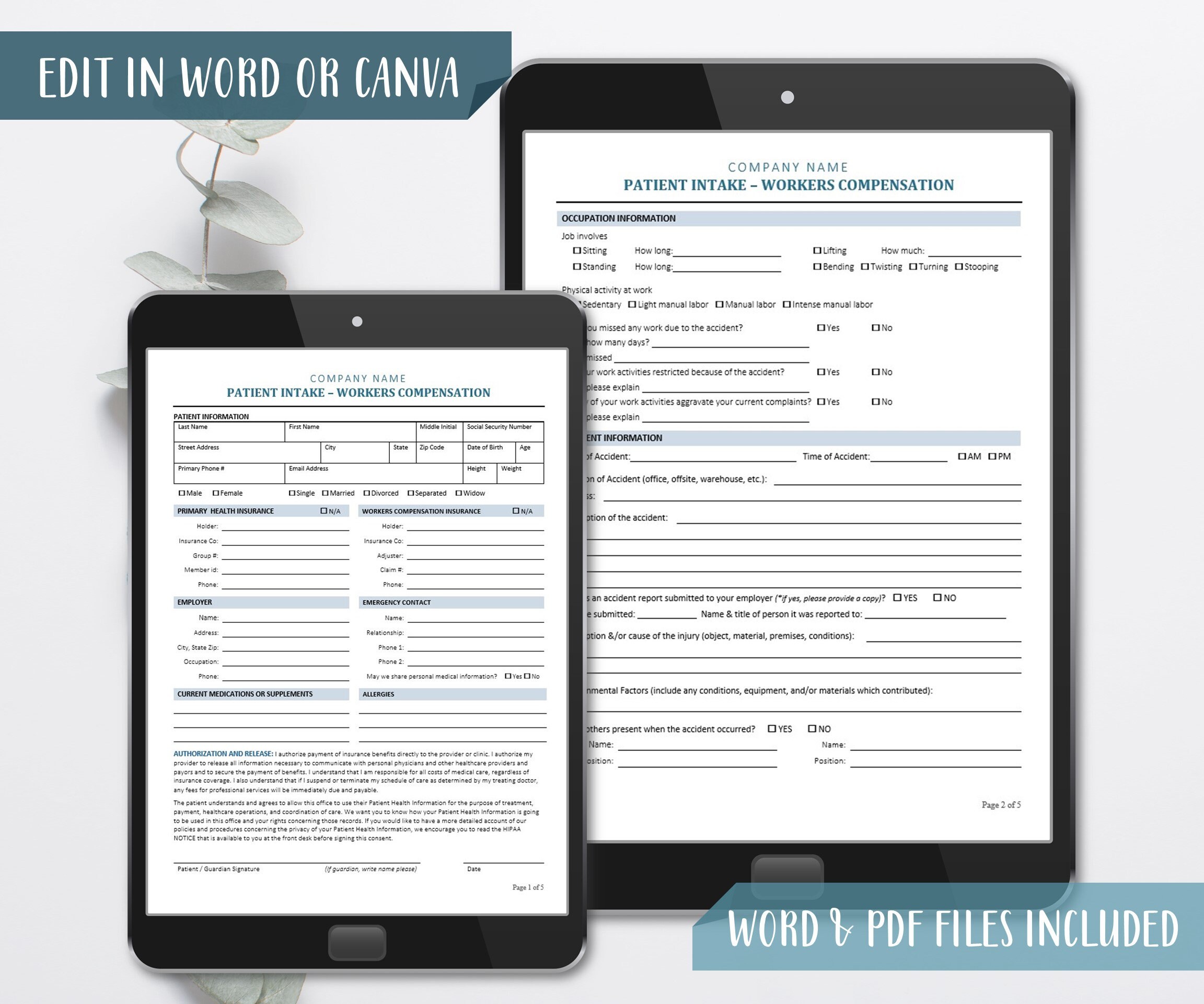 Workers Comp Patient Intake Forms: Medical Claim (digital Download) - Etsy