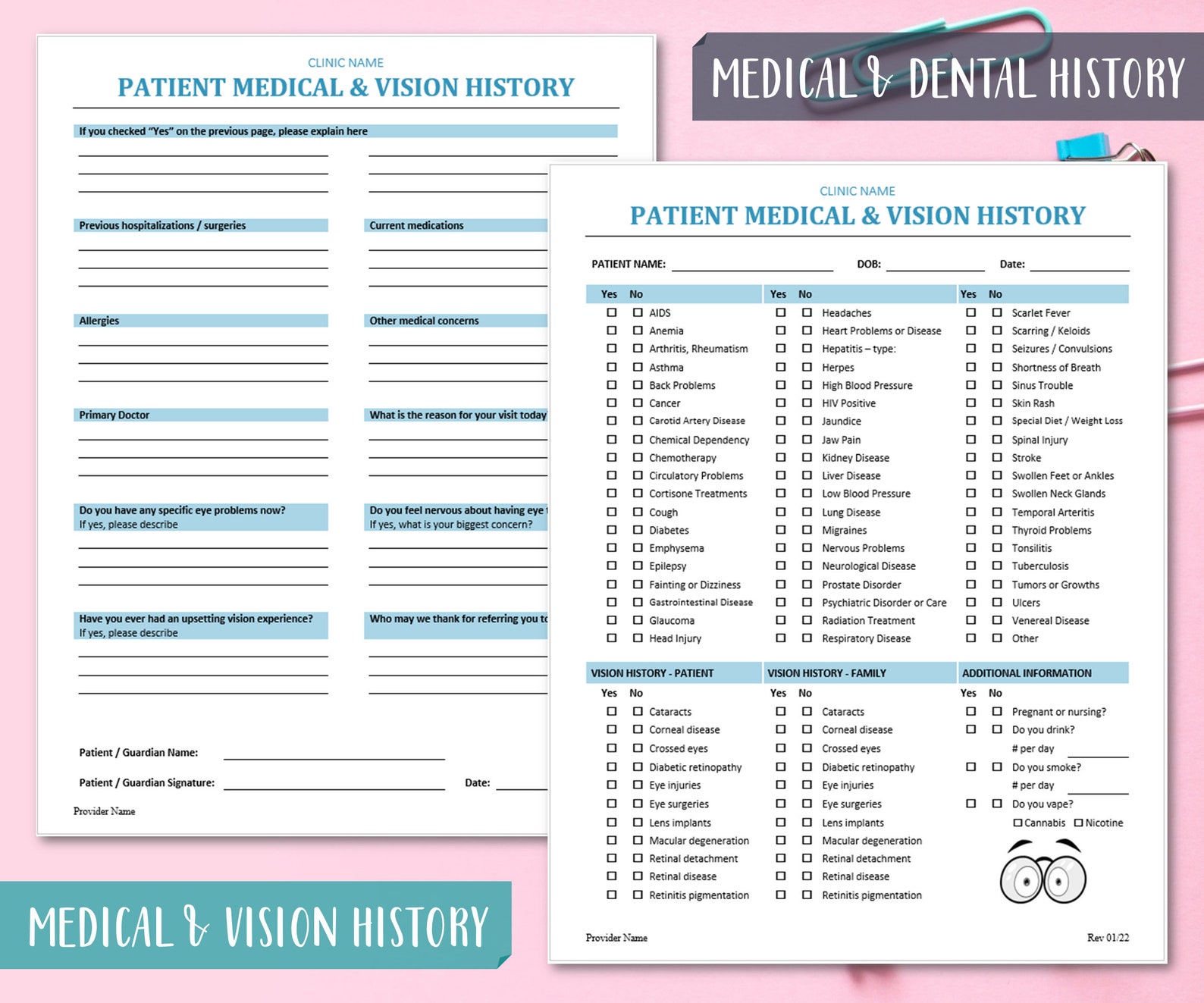 Vision Care Patient Intake Forms Bundle: Medical History, HIPAA ...