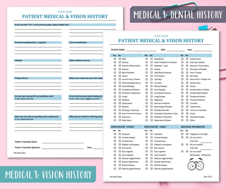 Vision Care Patient Intake Forms Bundle: Medical History, HIPAA ...