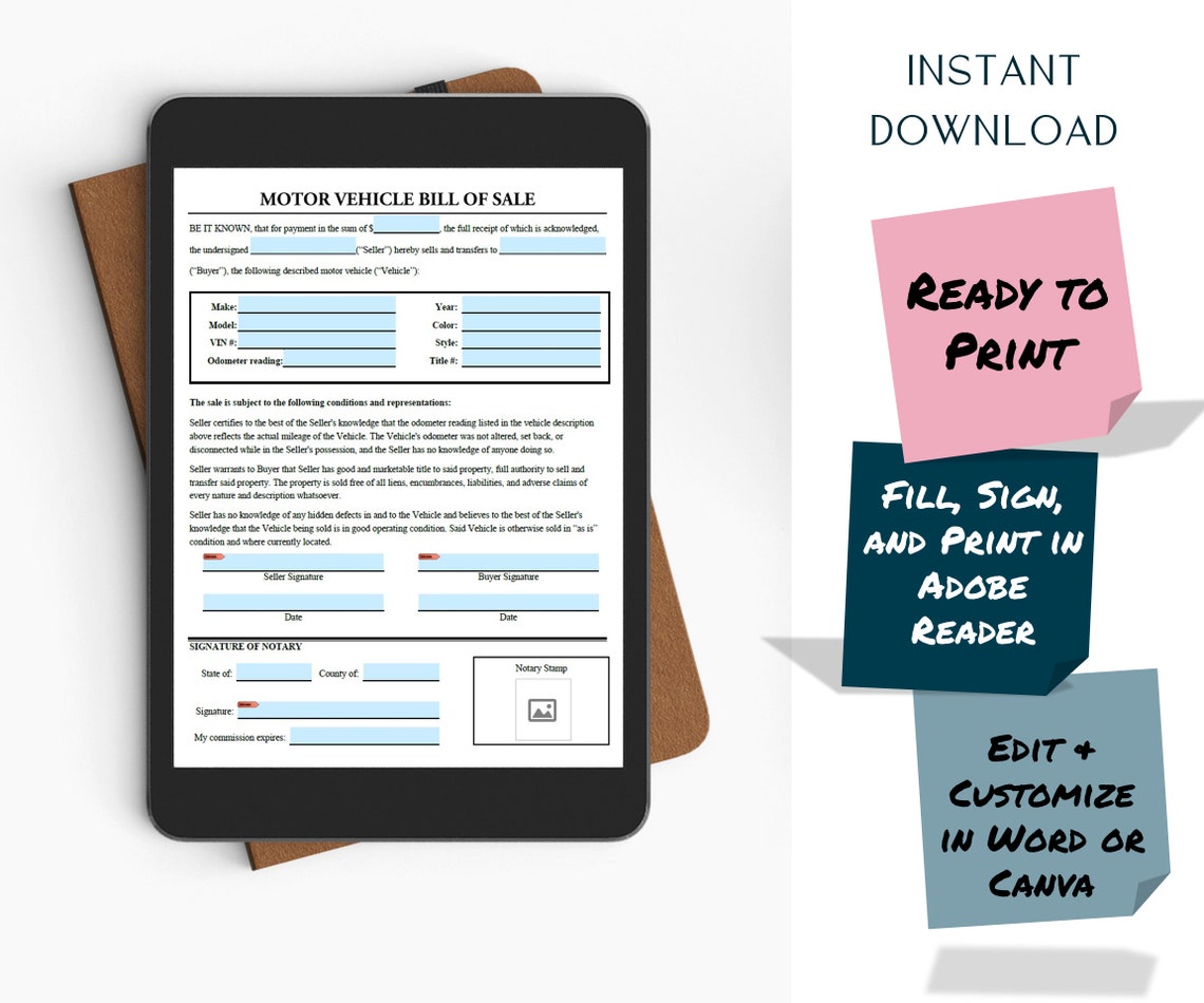 Vehicle Bill of Sale Notary Printable Template With Payment Receipts ...