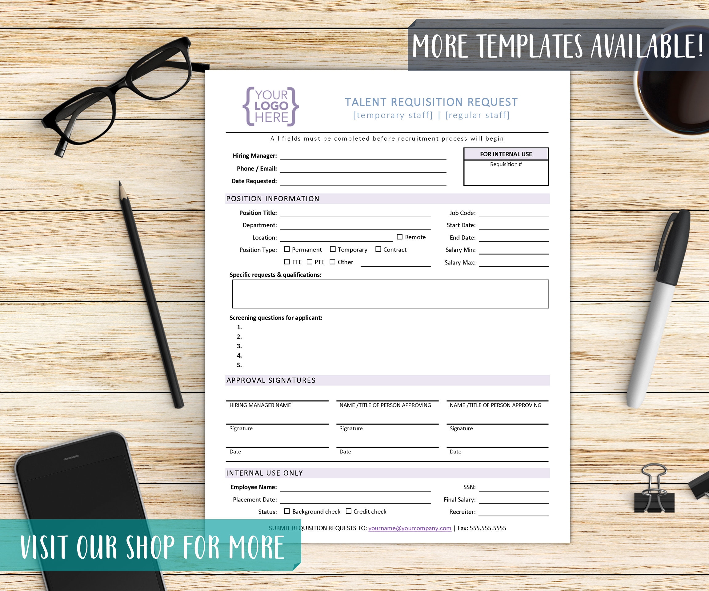 Employee Requisition Form Template: HR Hiring Process (8.5x11 Word, PDF ...