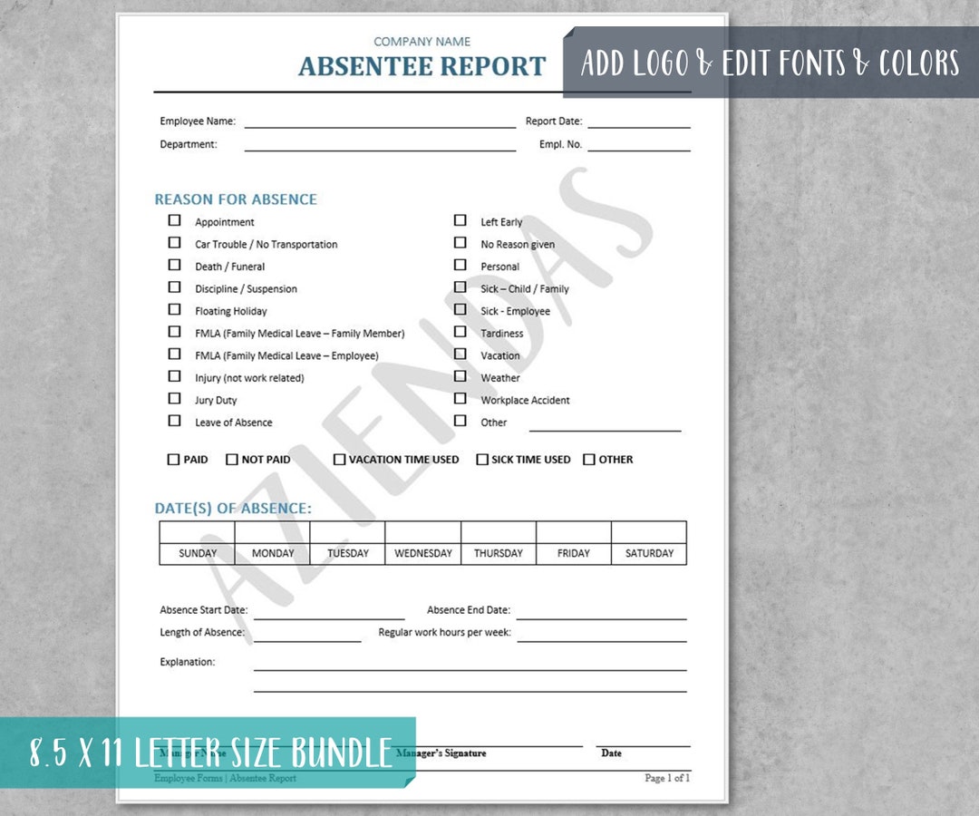 Employee Absence Tracking Template: Editable HR Form (digital Download ...