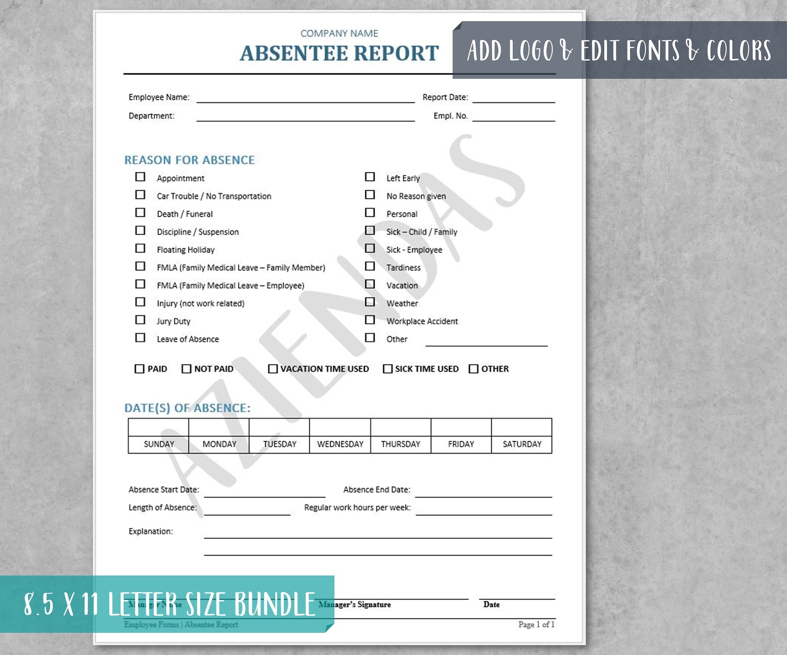 Employee Absence Tracking Template: Editable HR Form (digital Download ...