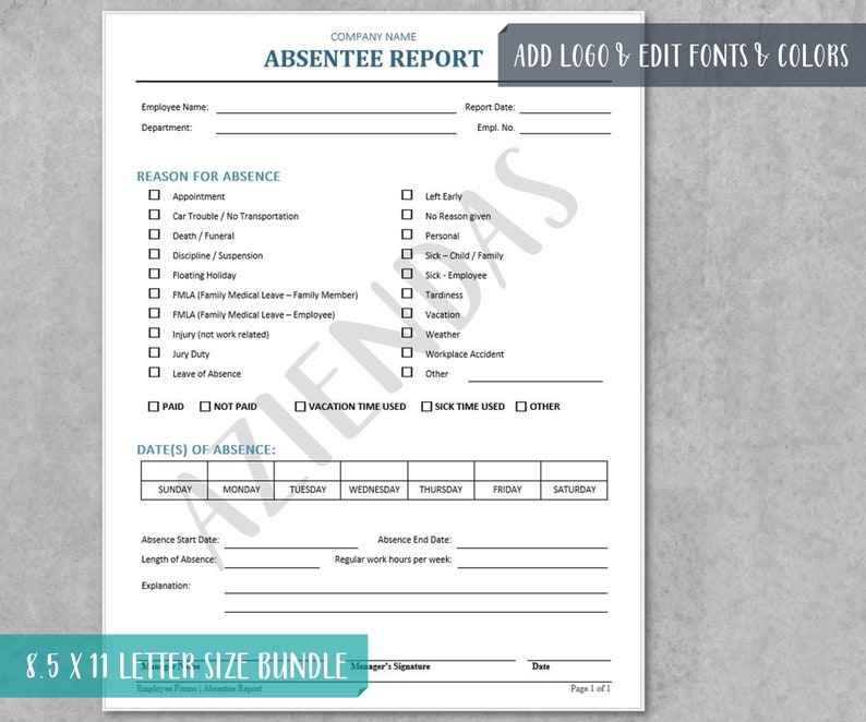 Employee Absence Tracking Template: Editable HR Form (digital Download ...
