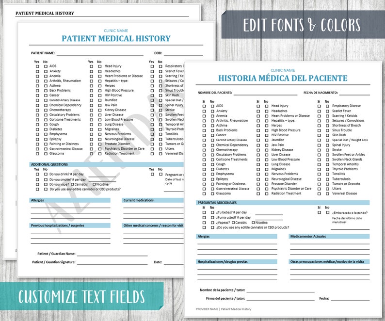 Medical Intake & Patient Information Template Bundle English - Etsy