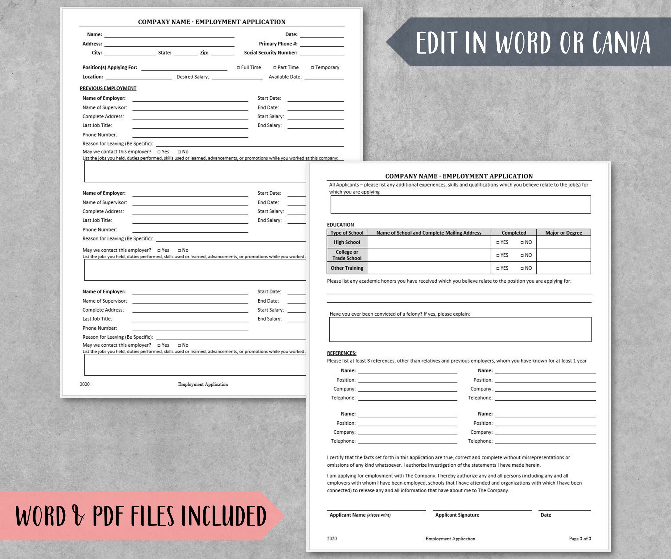 Employment Application Template | 2-page Layout | Job Application ...