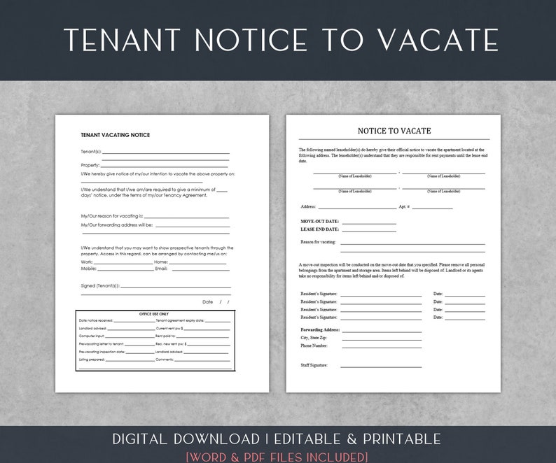 Notice to Vacate Template | Tenant Notice | Renter, Landlord Forms ...
