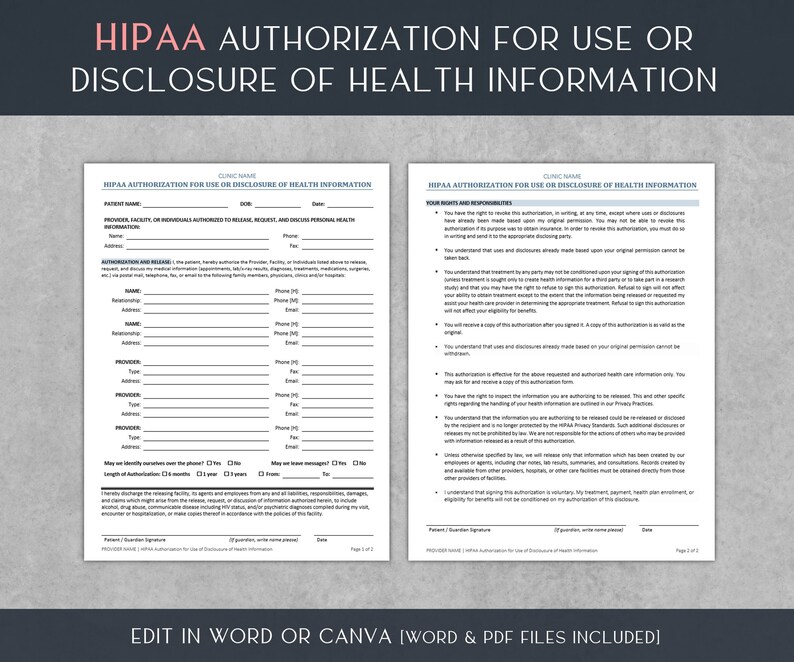 HIPAA Authorization Template: Medical Release Form (editable Word & PDF ...