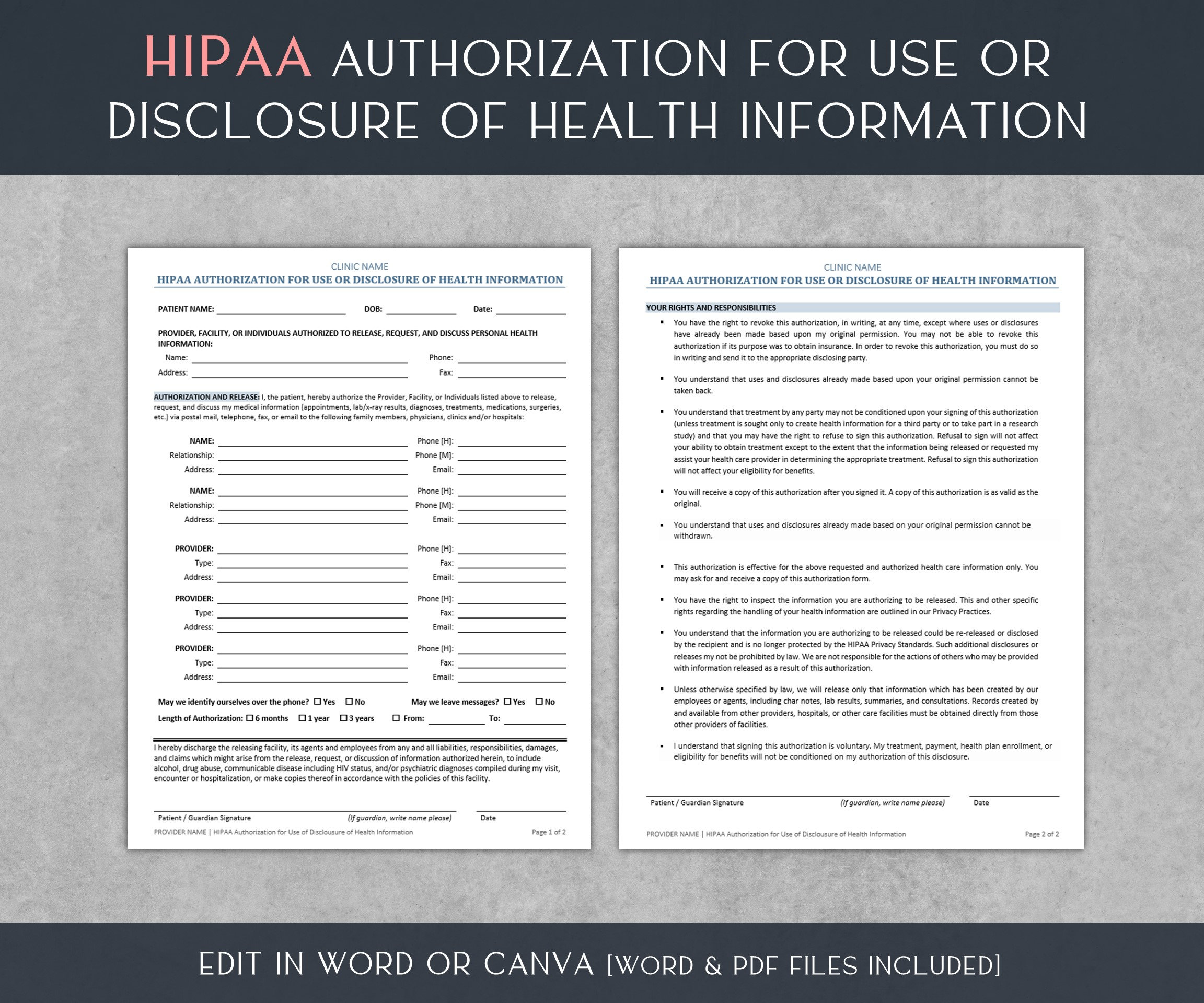 HIPAA Authorization for Use or Disclosure or Health Information Template | Medical Patient ...