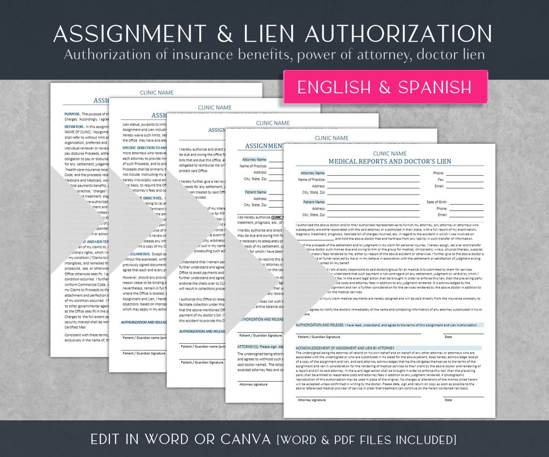 Medical Assignment, Lien, Authorization Forms | English & Spanish ...