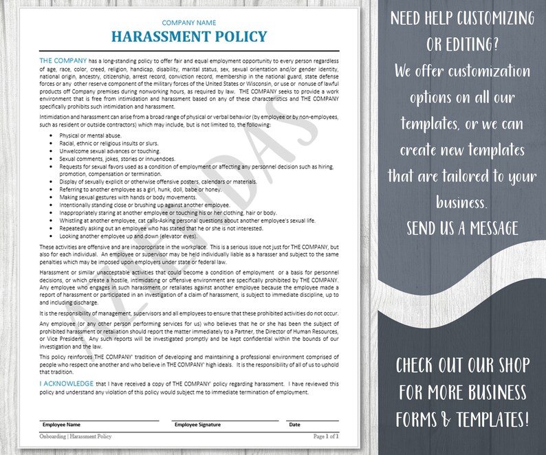 Employee Harassment Policy Template: Editable HR Document (digital ...