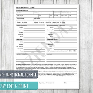 Patient Intake Form Template: Clinic Healthcare (PDF & Word) - Etsy