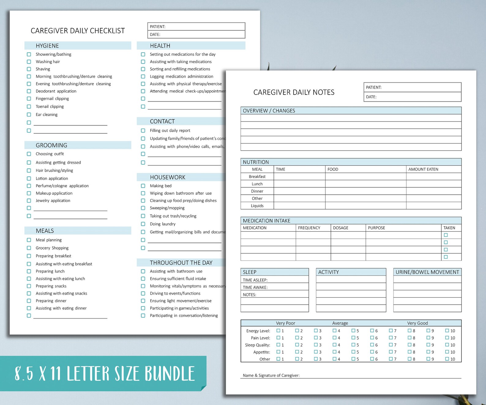Caregiver Daily Task List & Note Page for Monitoring Patient Health ...