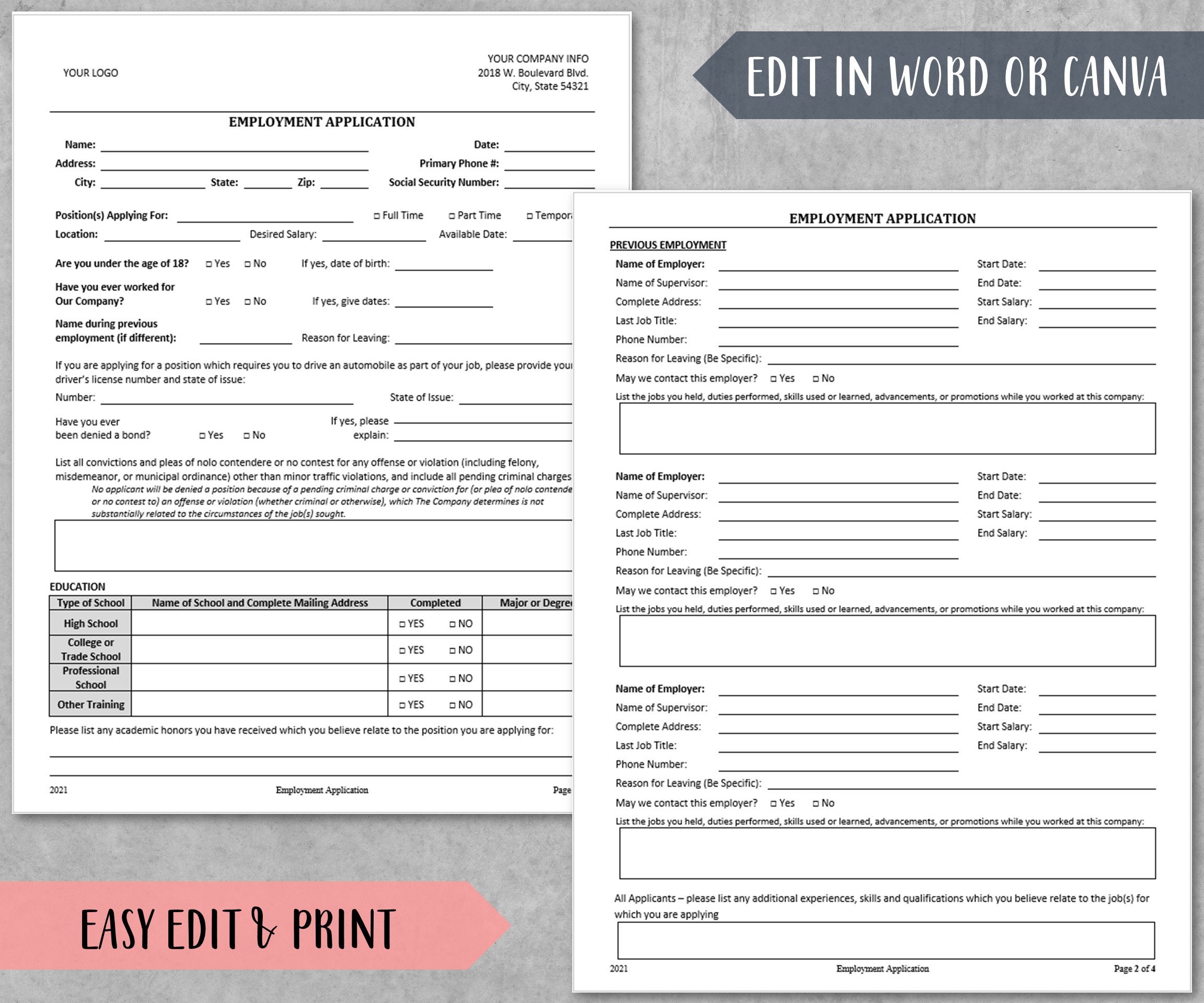 Employment Application Template | 3-page Layout | Job Application ...