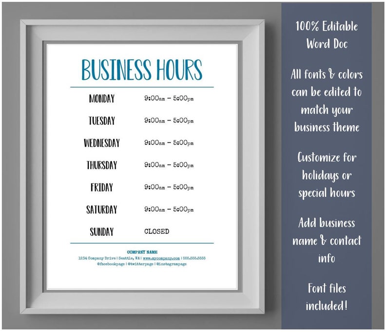 Editable Business Hours Sign Template (WORD Instant Download) - Etsy