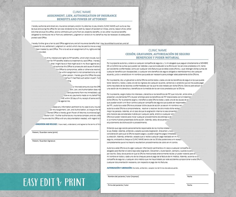 Medical Assignment, Lien, Authorization Forms | English & Spanish ...