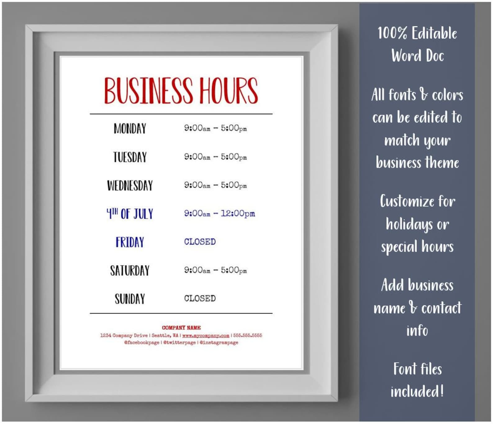 Editable Business Hours Sign Template (WORD Instant Download) - Etsy