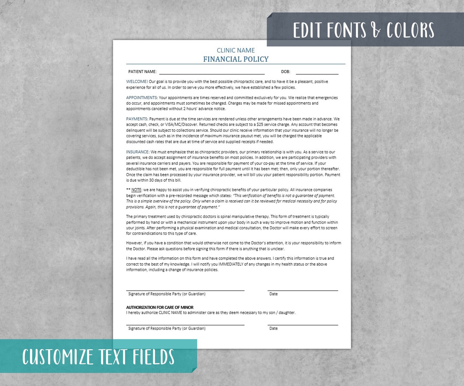 Patient Payment Authorization Form | Financial Policy Agreement ...