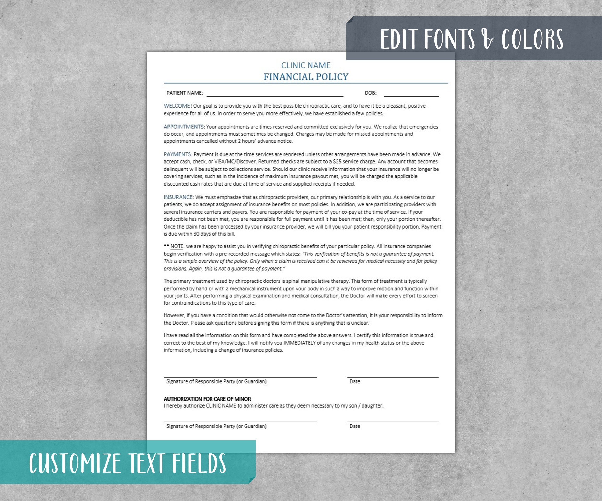Patient Payment Authorization Form | Financial Policy Agreement ...