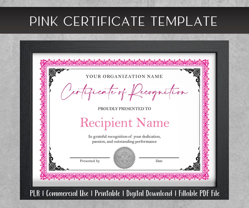 Pink Certificate of Appreciation Template: Printable, Fillable PDF (8.5 ...