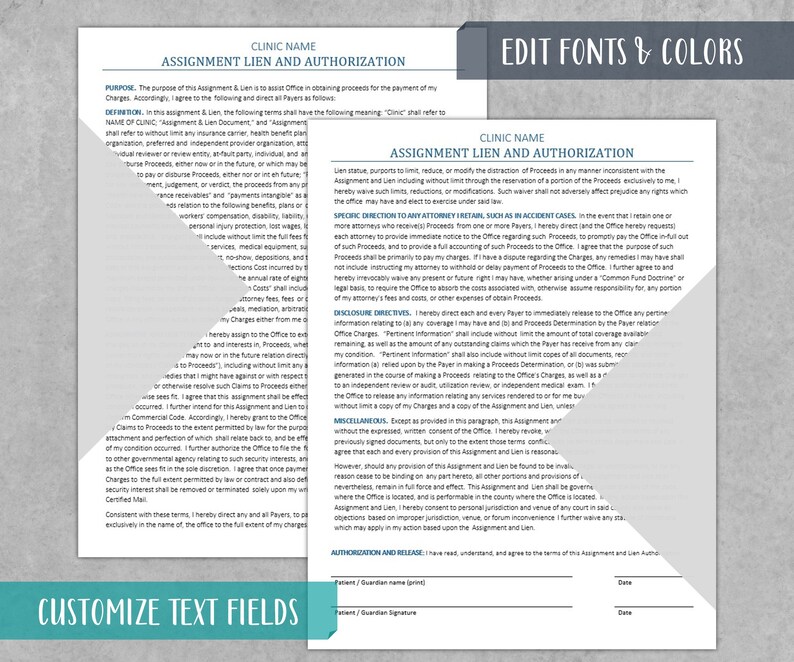 Medical Assignment, Lien, Authorization Forms | English & Spanish ...