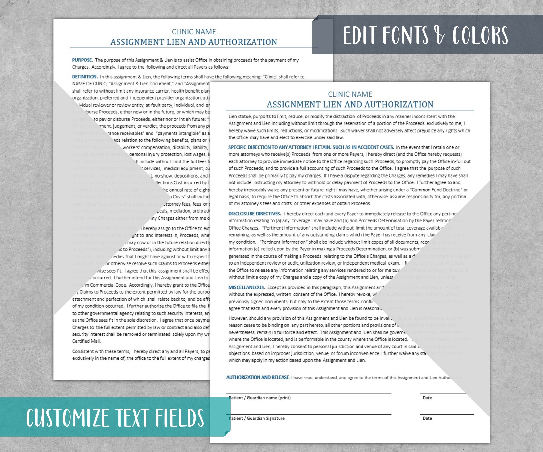 Medical Assignment, Lien, Authorization Forms | English & Spanish ...