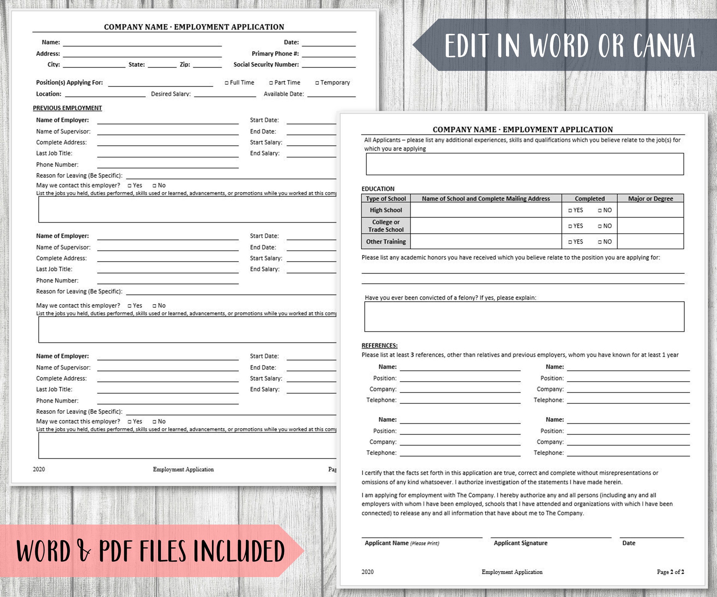 Employment Application Template 2-page Layout Job - Etsy