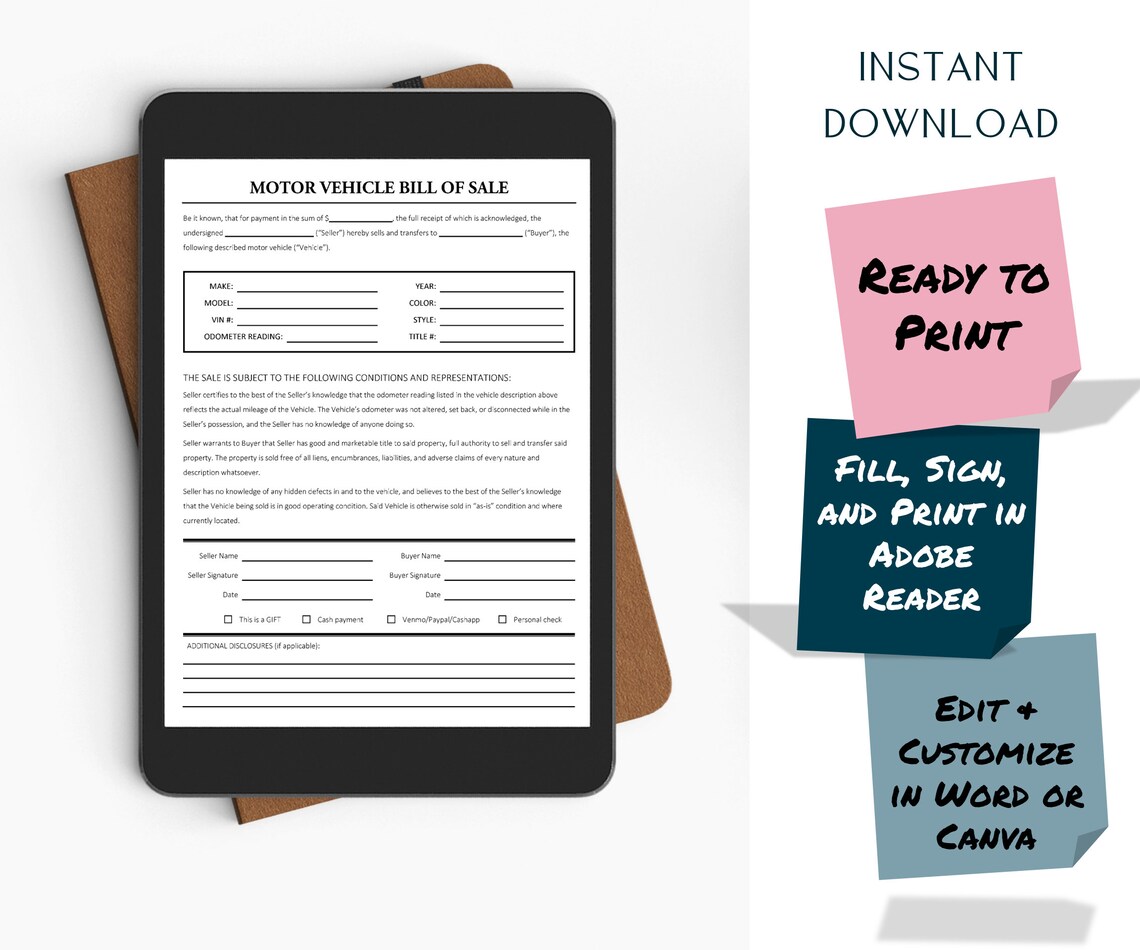Motor Vehicle Bill of Sale, Printable Form Templates Bundle | Auto Car ...