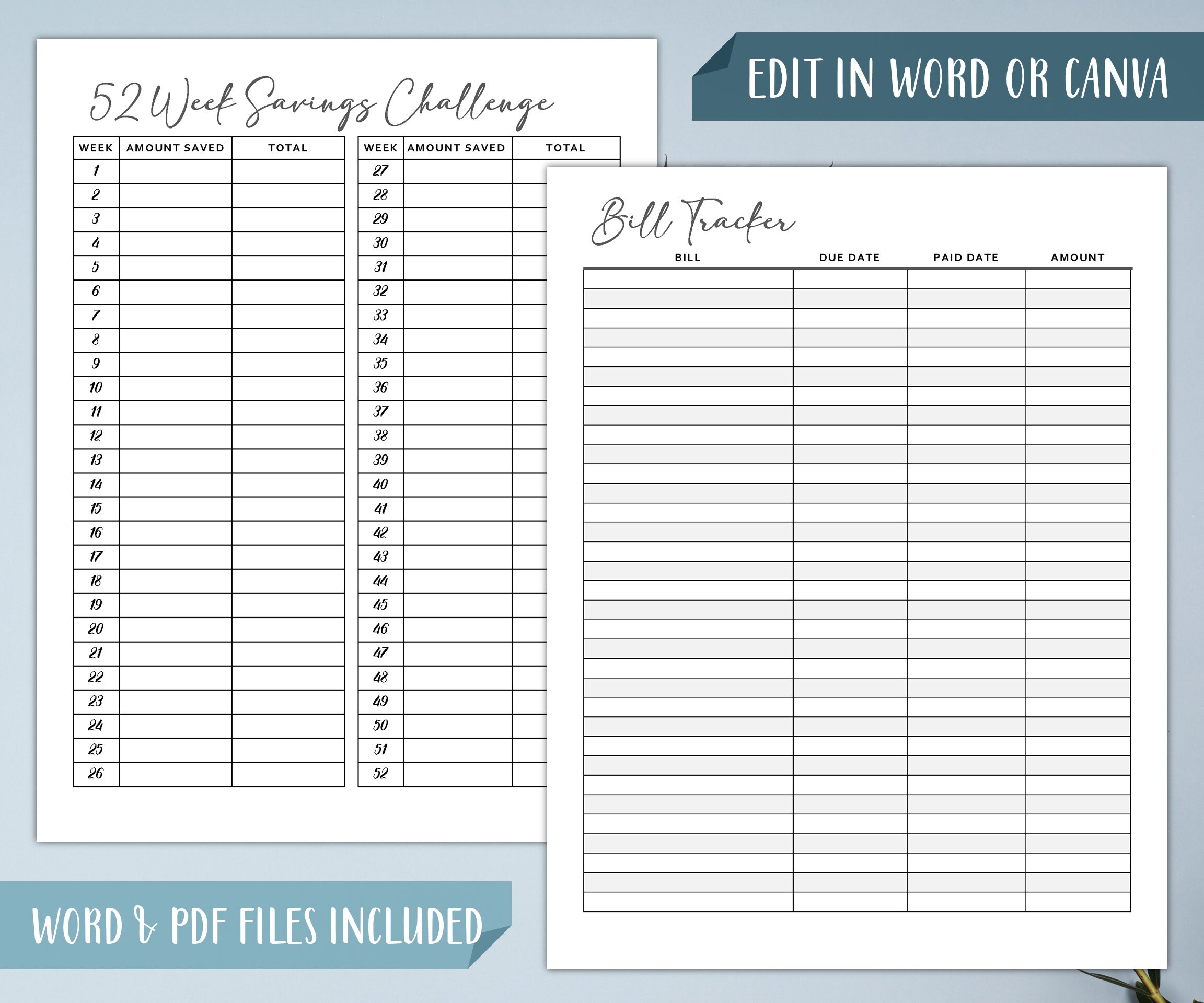 Budget Planner Bundle 52 Week Savings Plan Bill Tracker Check Register ...