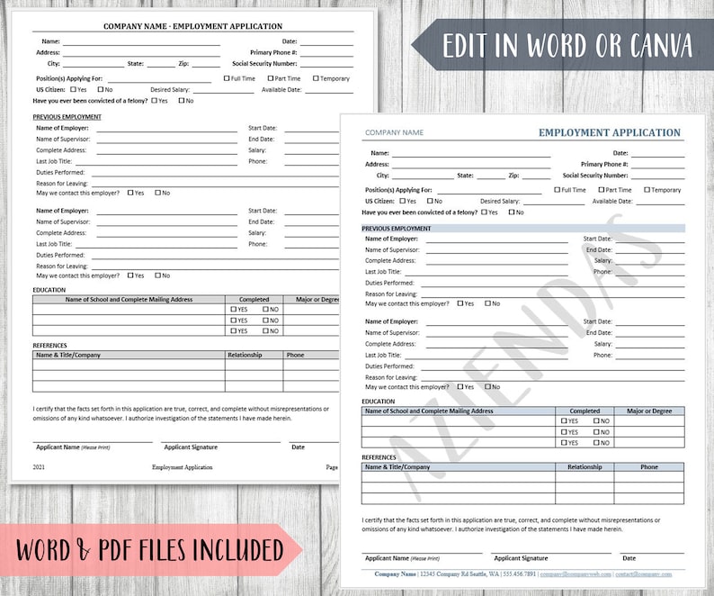 Editable Employment Application Template: Printable 1-page (word & PDF ...