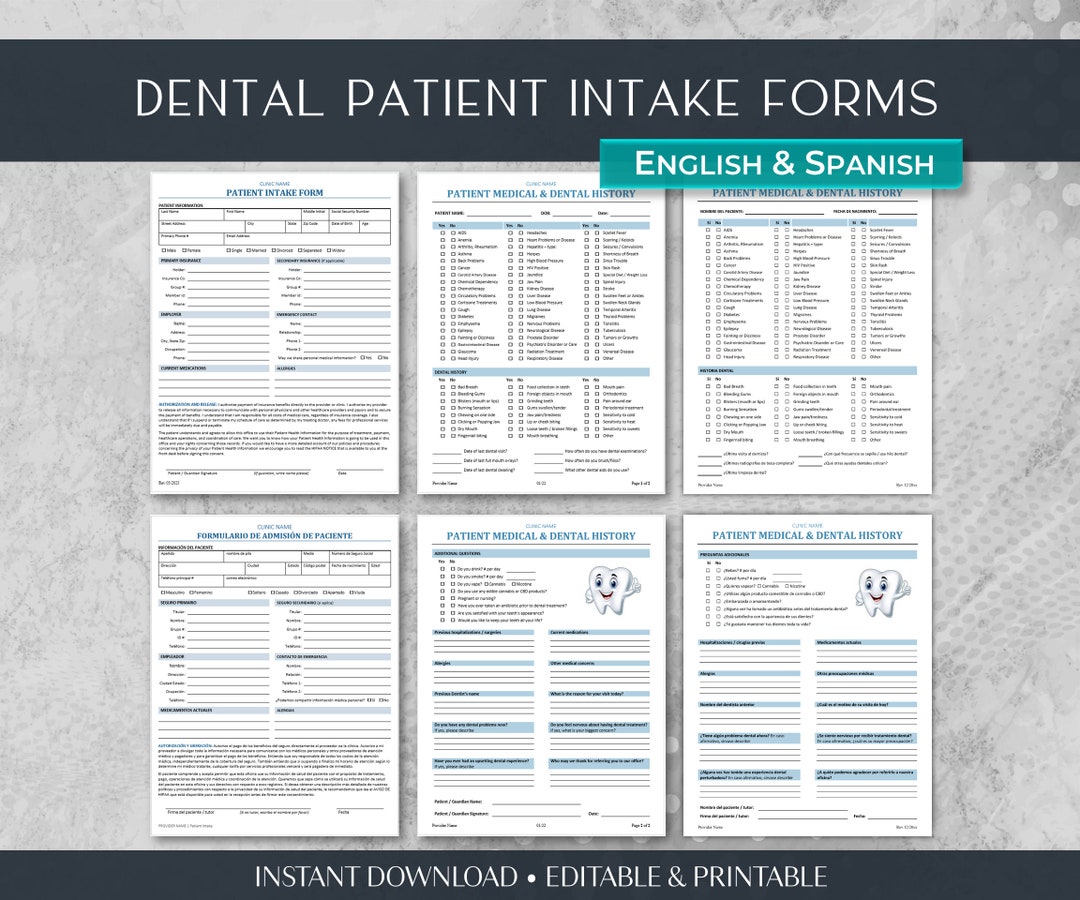 Dental Patient Intake Templates Bundle -english & Spanish | Medical ...