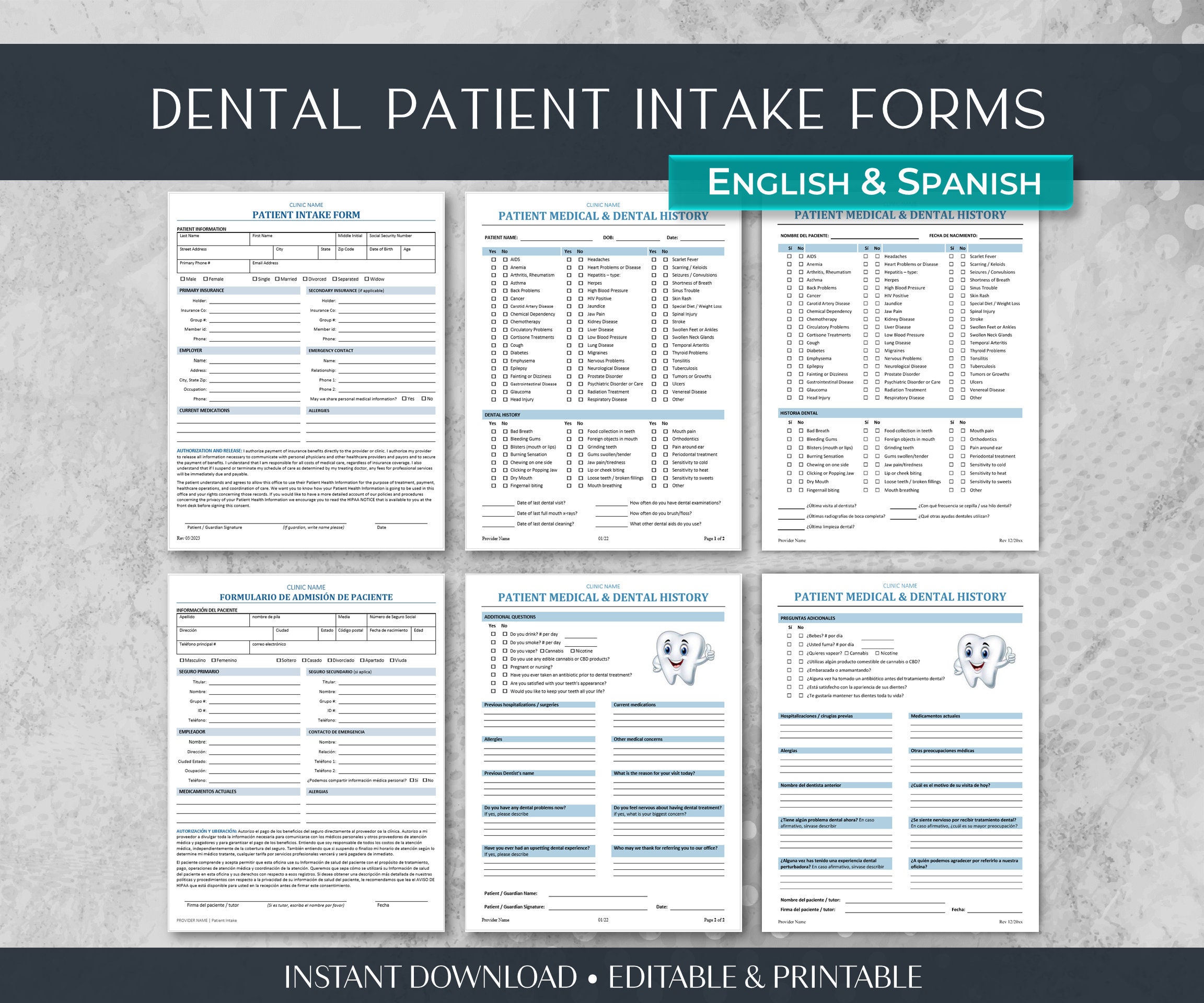Dental Patient Intake Templates Bundle -english & Spanish | Medical ...