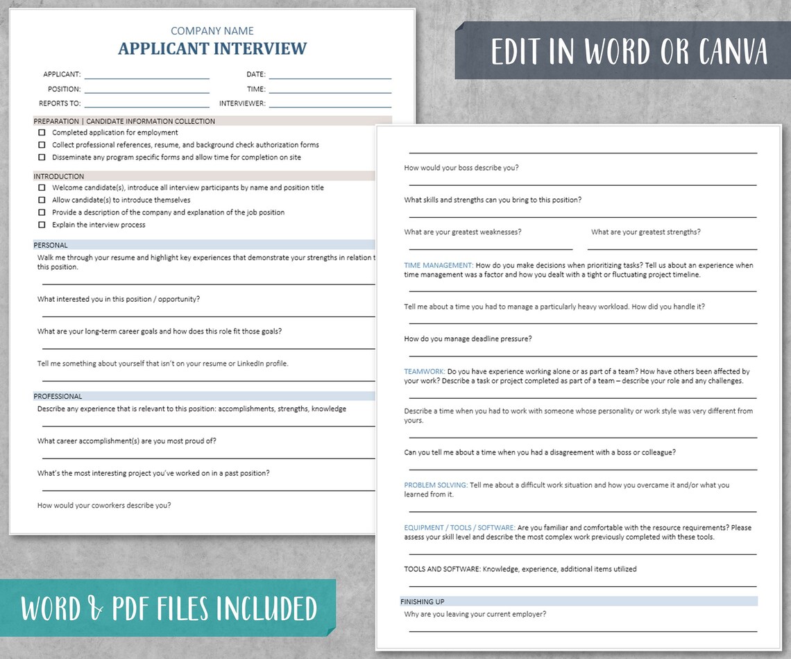 Applicant Interview Questions Template: Editable HR Planner (digital ...