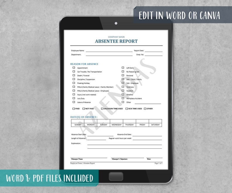 Employee Absence Tracking Template: Editable HR Form (digital Download ...
