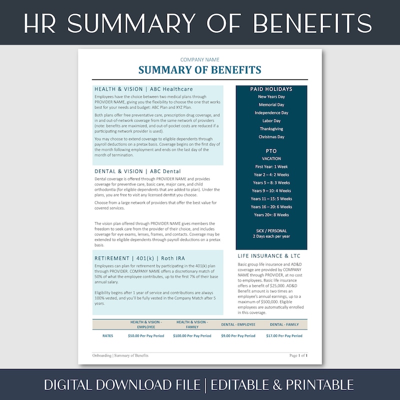 Benefits Summary Template - Etsy