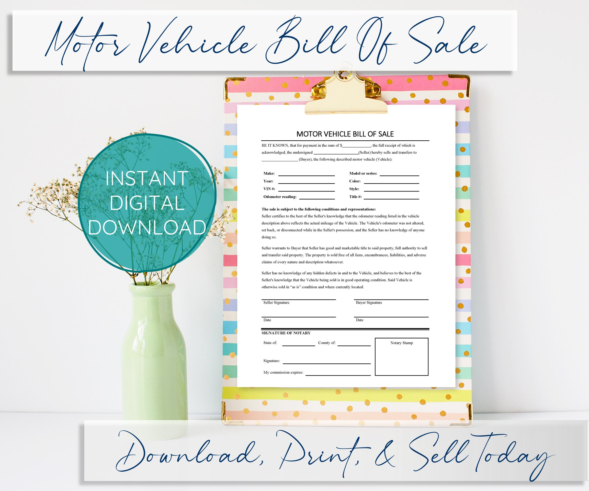 Vehicle Bill of Sale Notary Printable Template With Payment Receipts ...
