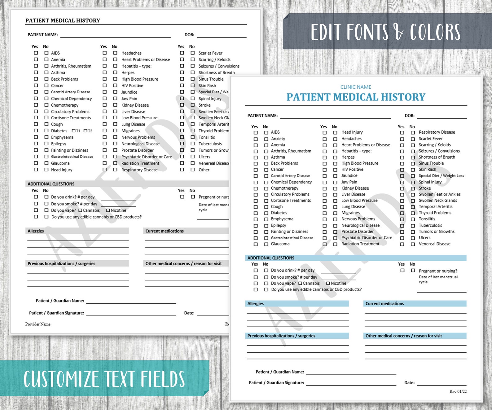 Medical Intake Forms Template: Patient History, HIPAA (editable Word ...