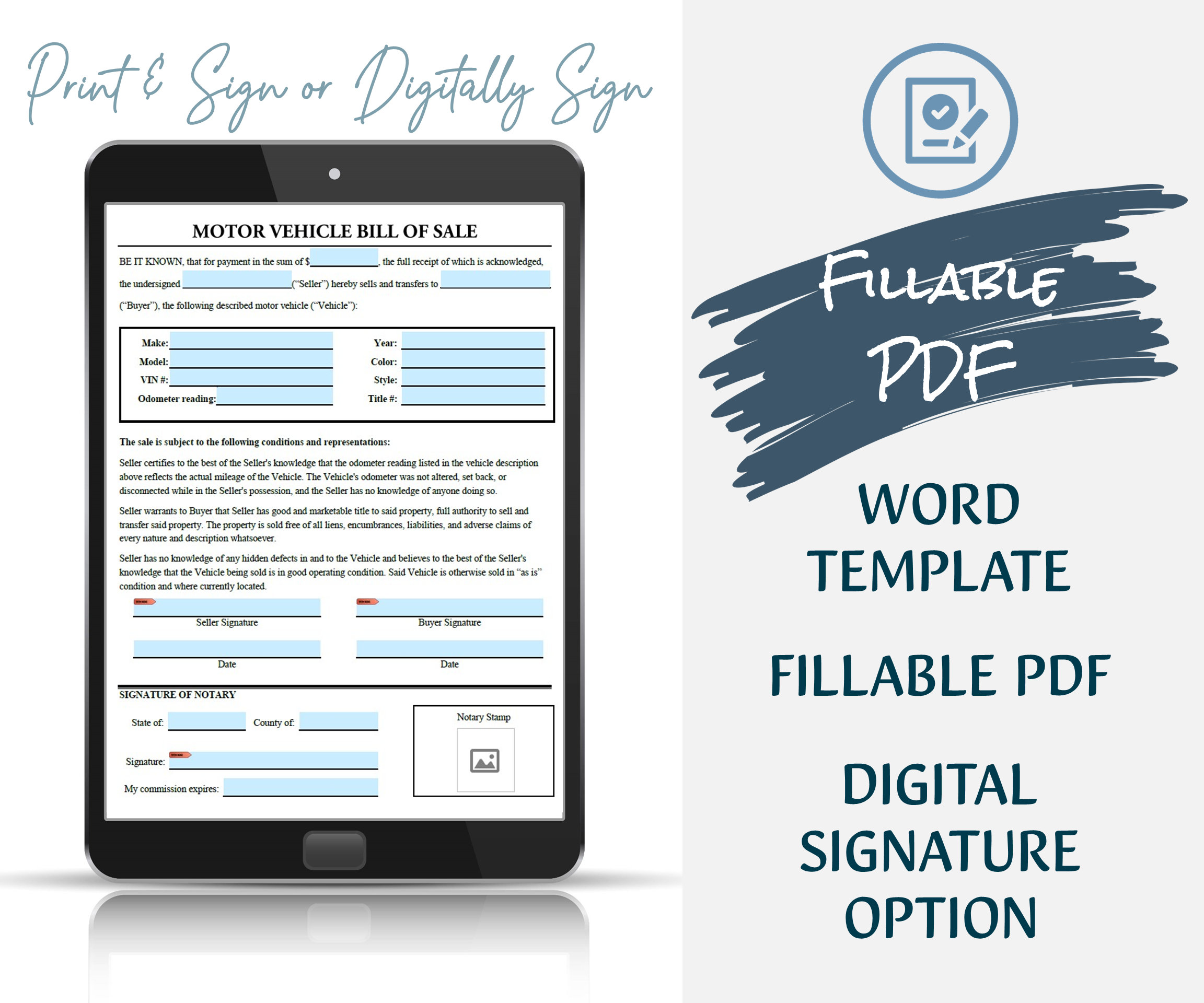 Vehicle Bill of Sale Notary Printable Template With Payment Receipts ...