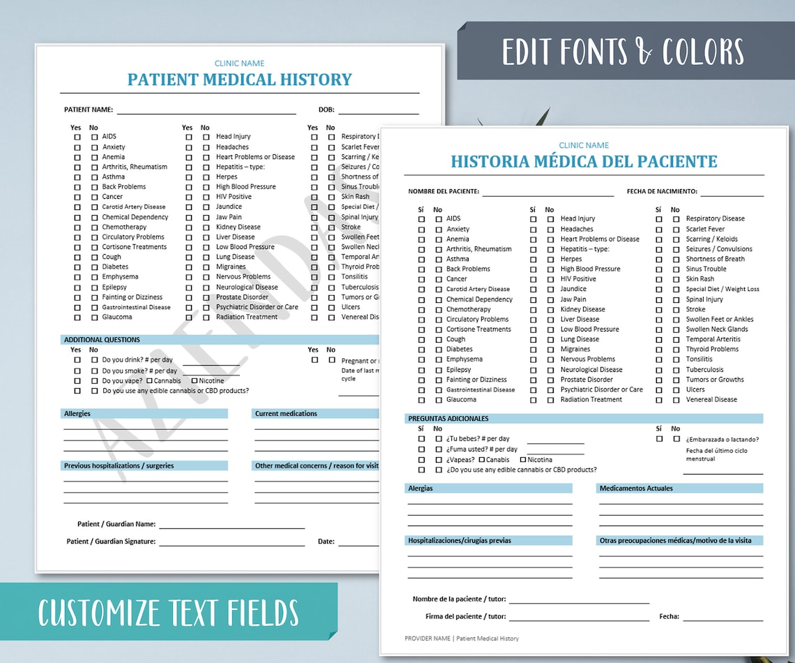 Dental Patient Intake Templates Bundle -english & Spanish | Medical ...