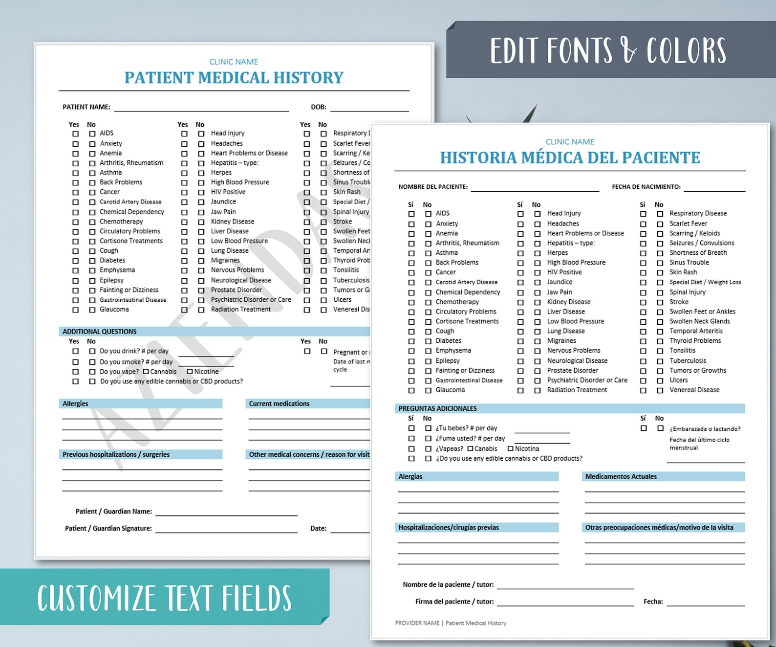 Dental Patient Intake Templates Bundle -english & Spanish | Medical ...