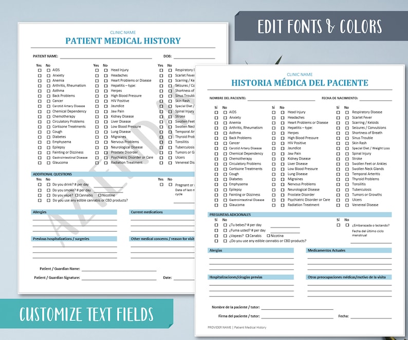 Dental Patient Intake Templates Bundle -english & Spanish | Medical ...
