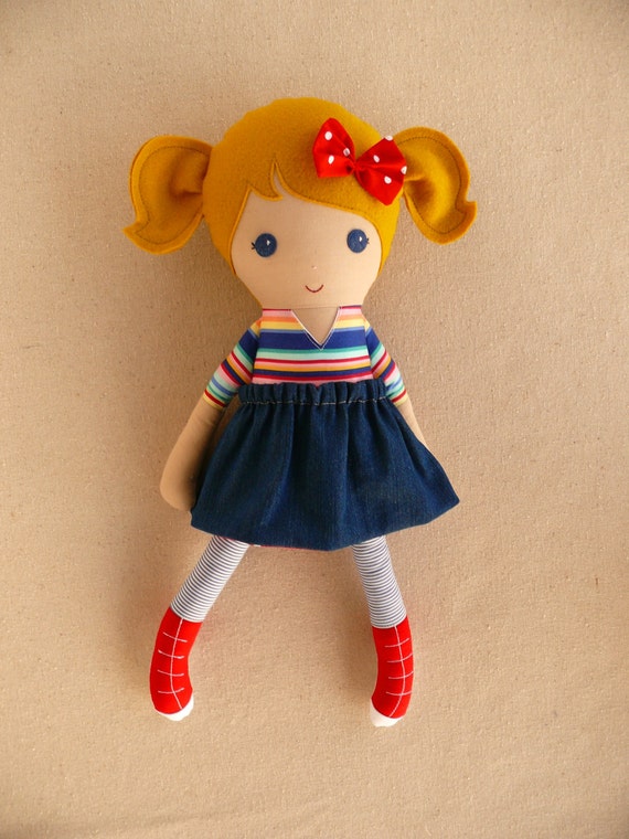 Fabric Doll Rag Doll Blond Haired Girl In Playful Striped Etsy